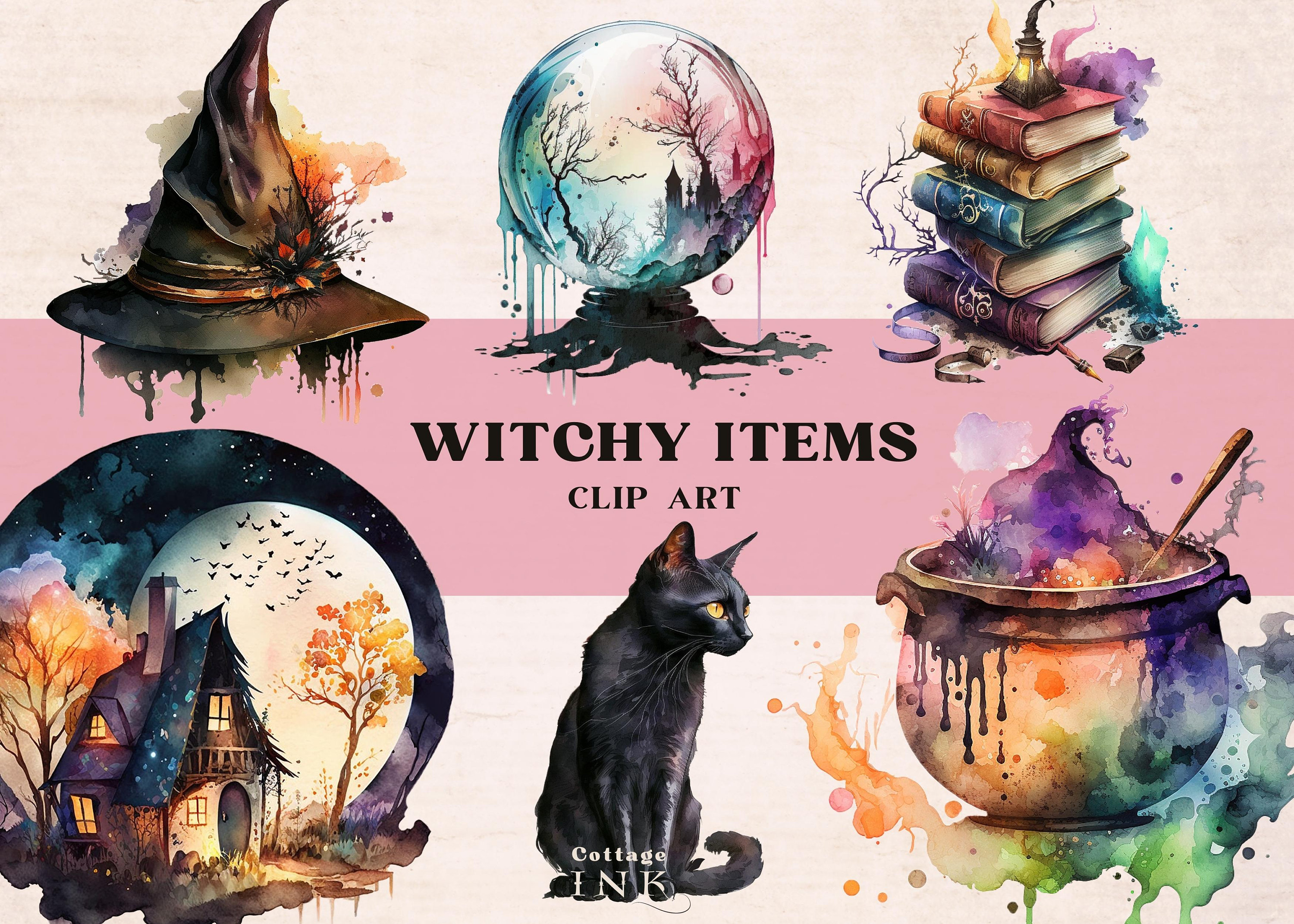 Watercolor Witch Clipart, Dark Witchy Clipart, Gothic Witch Broom PNG ...
