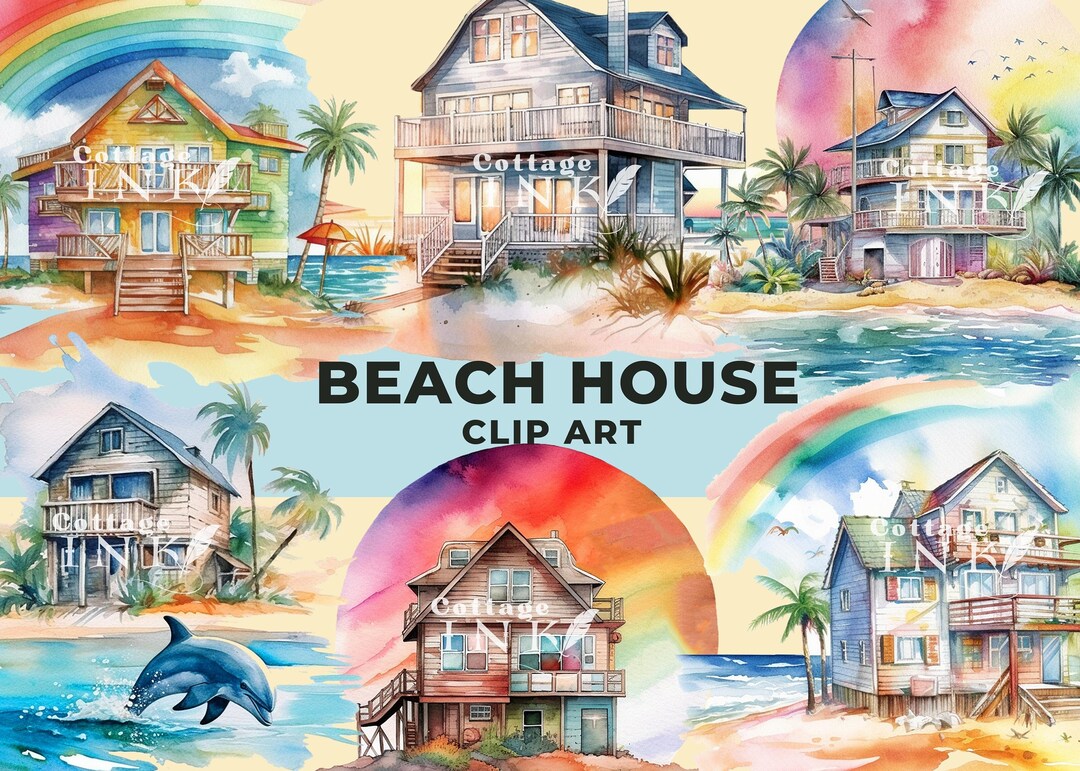 Watercolour Beach House Clipart Bundle, Seaside Cottage Clipart ...