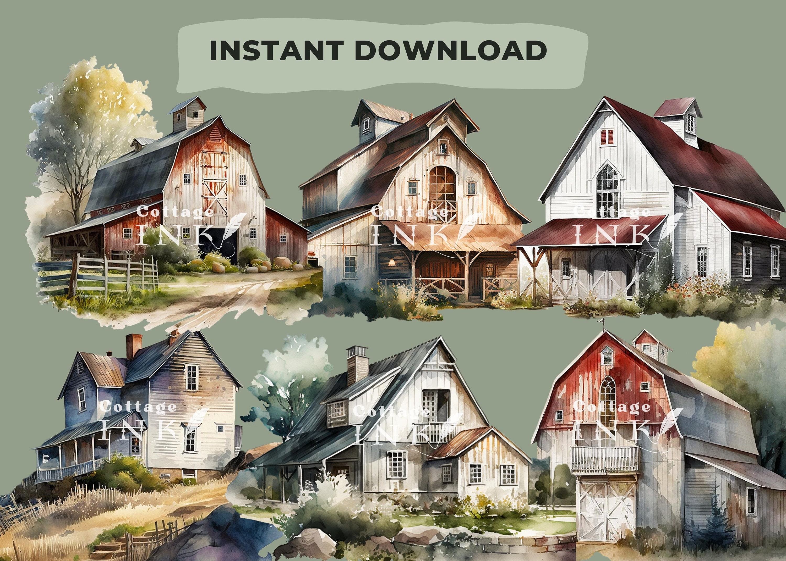 Watercolor Farm Barn Clipart,farmhouse Cliparts, Barnhouse PNG, Rustic ...