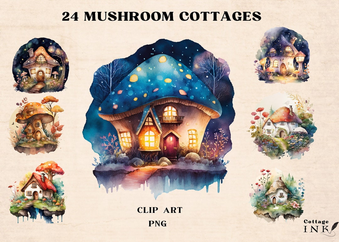 Watercolor Mushroom Cottages Clipart Bundle, Mystical Mushroom Houses ...