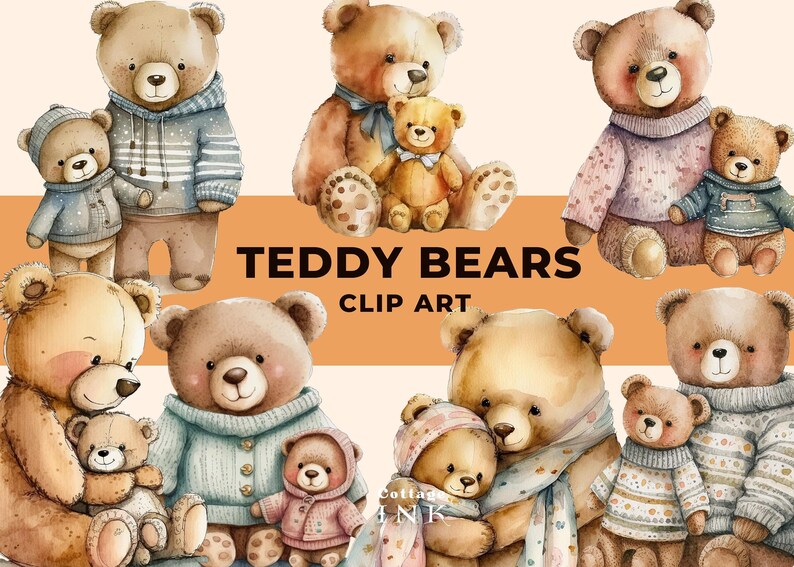 Watercolor Teddy Bears Clipart Bundle, Cute Baby Bear Mama Bear Clipart ...