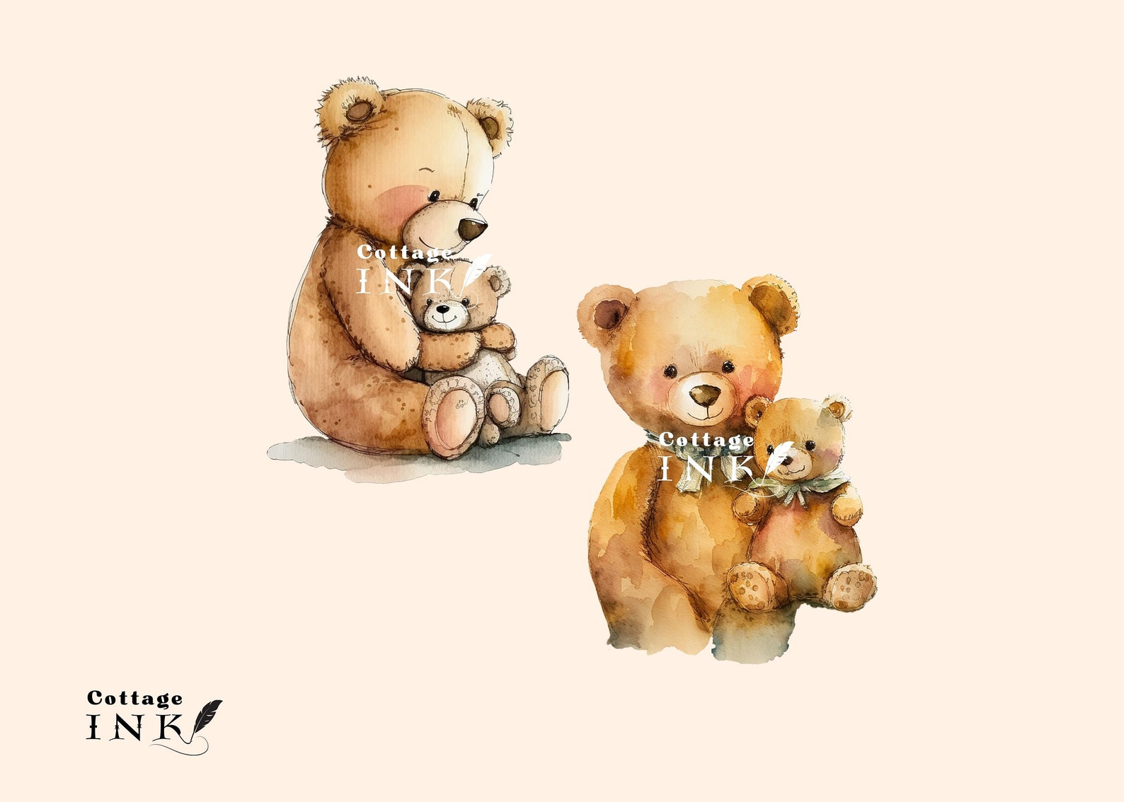 Watercolor Teddy Bears Clipart Bundle, Cute Baby Bear Mama Bear Clipart ...