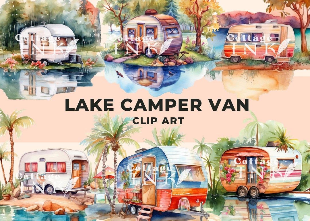 Watercolor Campervan Clipart Bundle, Travel Vanlife Clipart, Cozy Lake ...