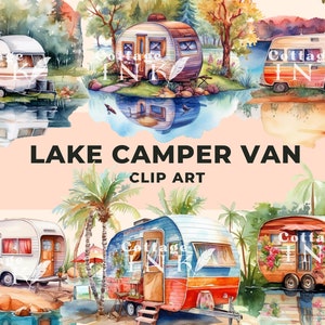 Watercolor Campervan Clipart Bundle, Travel Vanlife Clipart, Cozy Lake ...