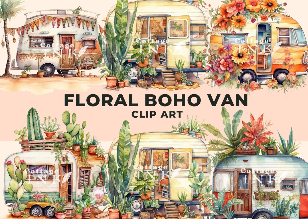 Watercolor Boho Caravan Clipart Bundle, Cute Floral Camper Vans, Cozy ...