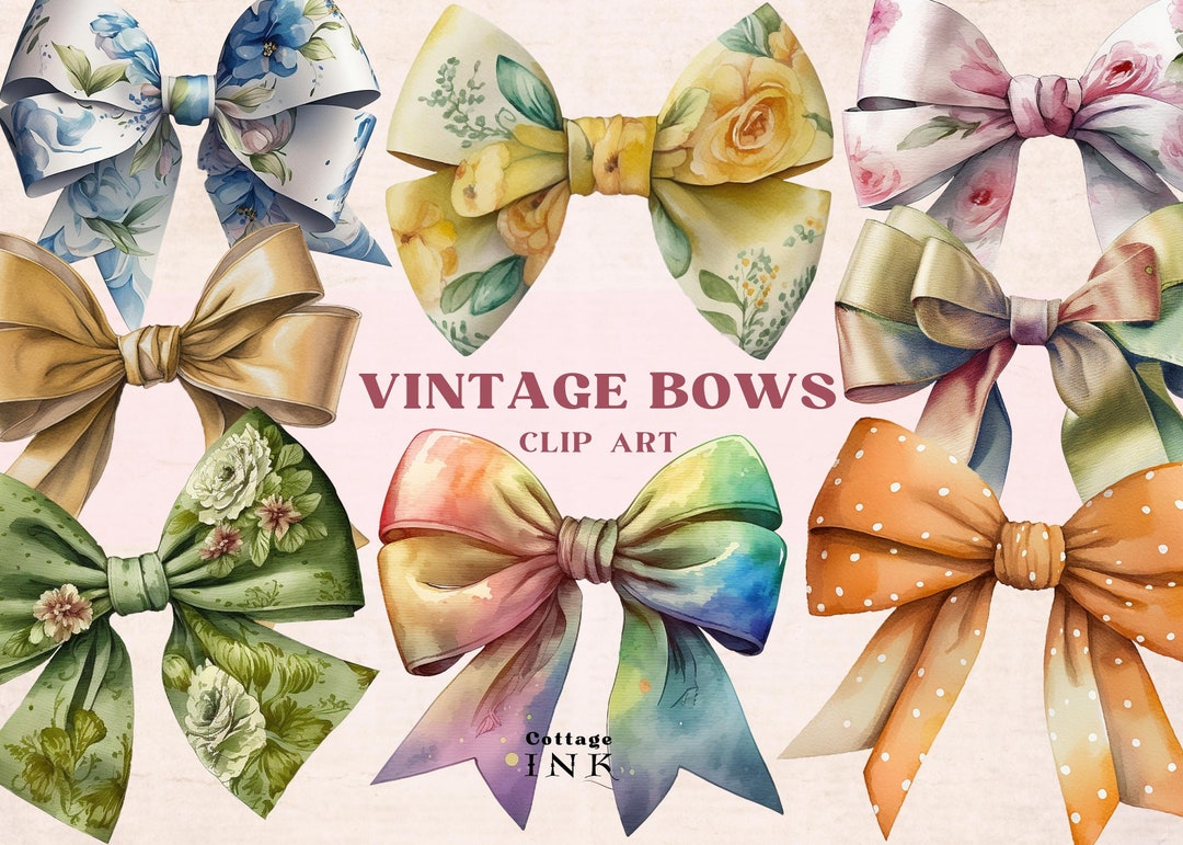 Vintage Bows Clipart Bundle, Watercolor Ribbon Bow PNG, Cottagecore Bow ...