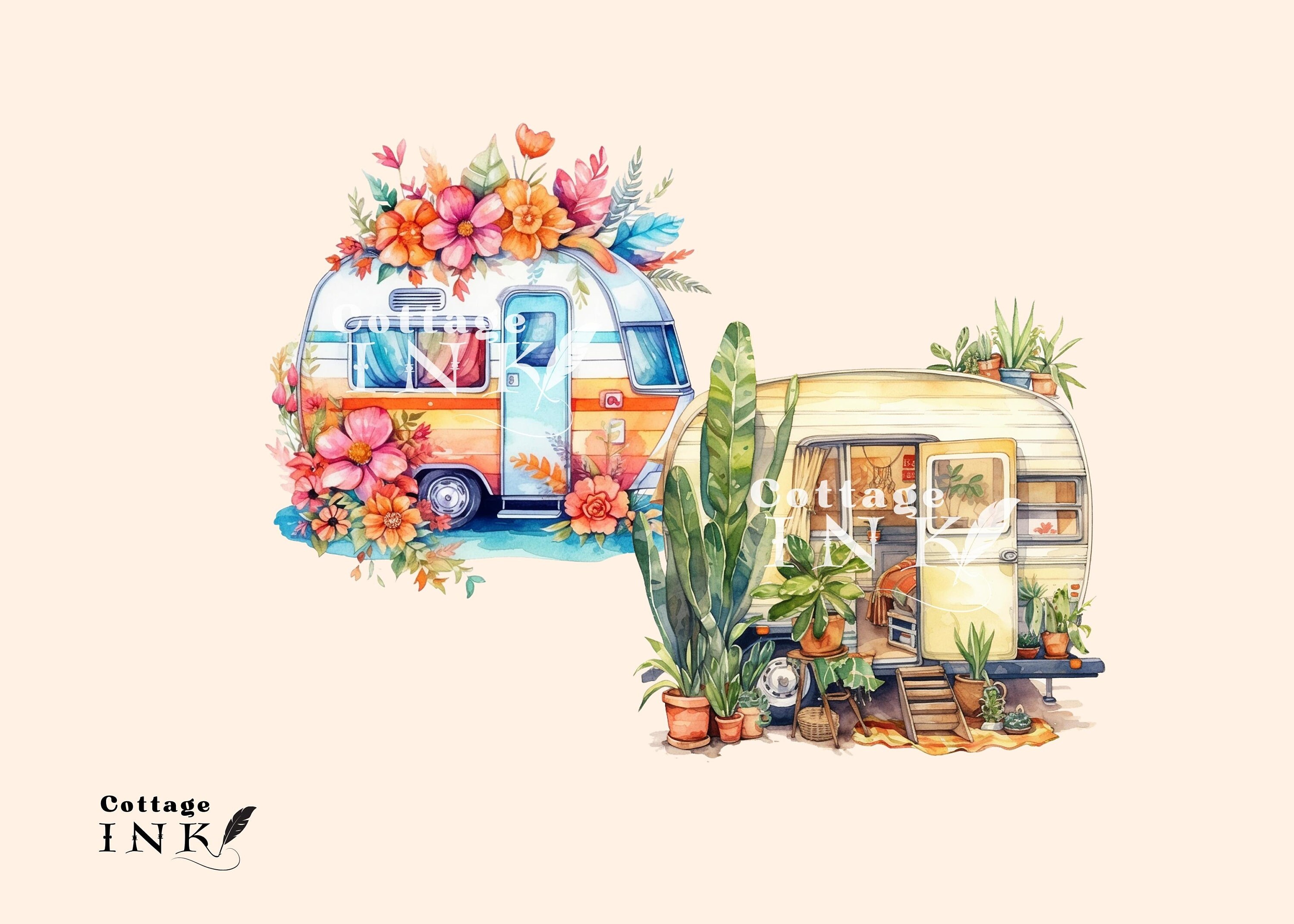 Watercolor Boho Caravan Clipart Bundle, Cute Floral Camper Vans, Cozy ...