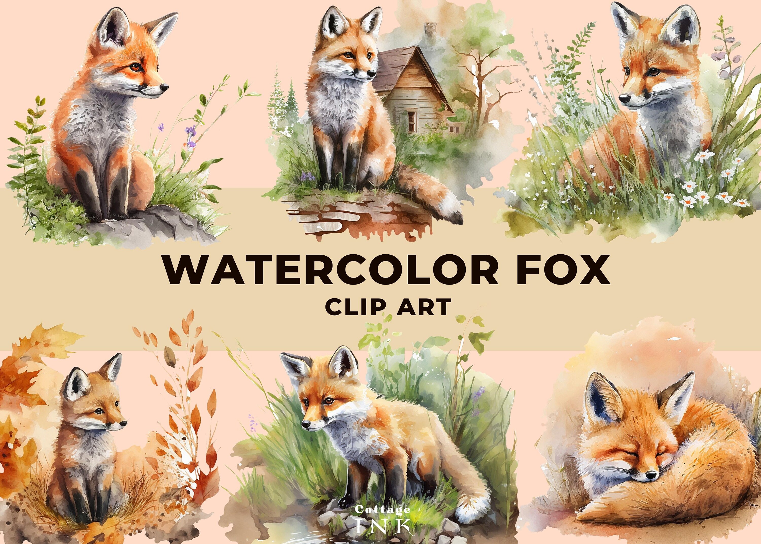 Watercolour Fox Clipart Bundle, Sleeping Fox, Fox in Meadow, Forest ...
