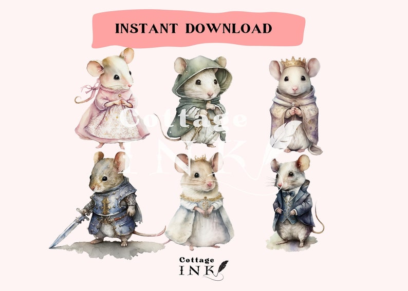 Fairytale Mouse Clipart Bundle Watercolor Vintage Mice - Etsy