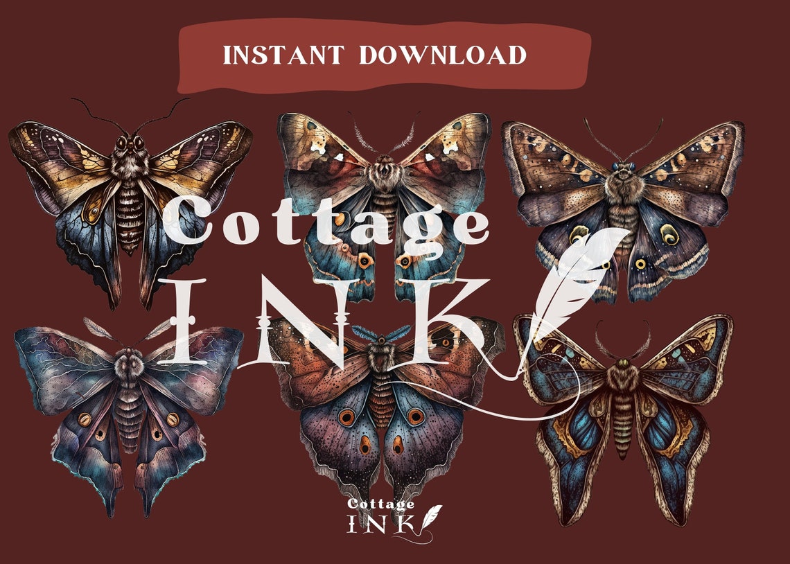 Watercolour Mystical Moth Clipart Bundle, Gothic Moth Butterfly PNG ...
