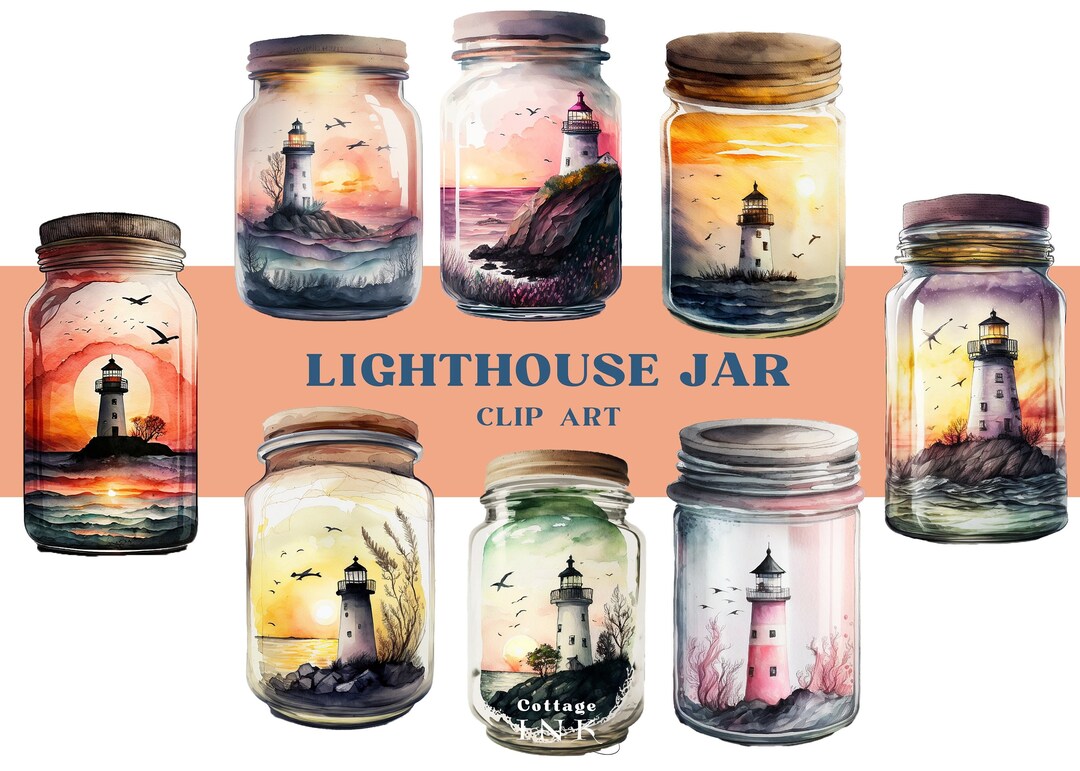 Lighthouse Jar Clipart Bundle, Watercolor Lighthouse Cliparts, Stormy ...
