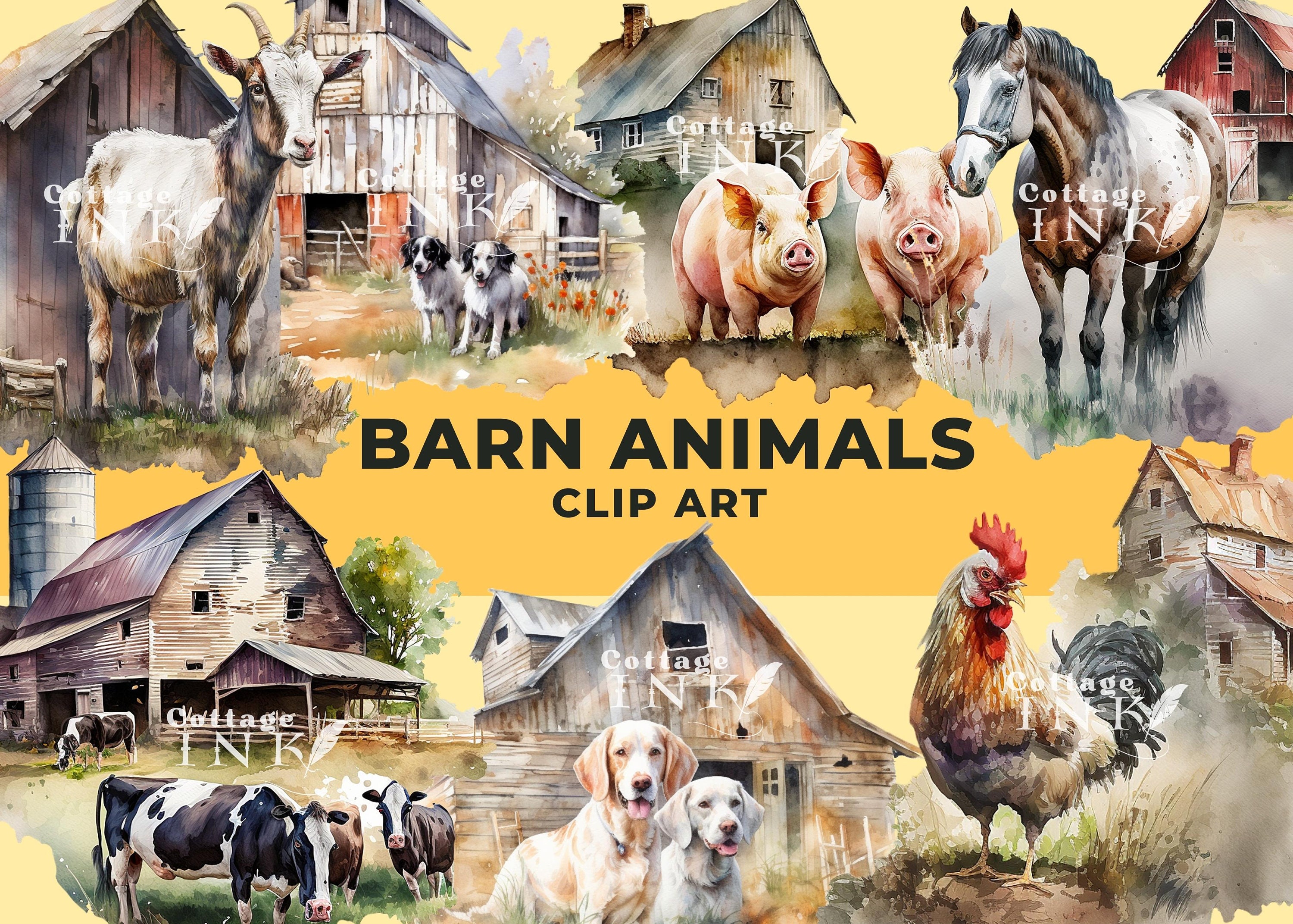 Watercolor Farm Animals Clipart, Farmhouse Clipart, Barn PNG, Farmyard ...