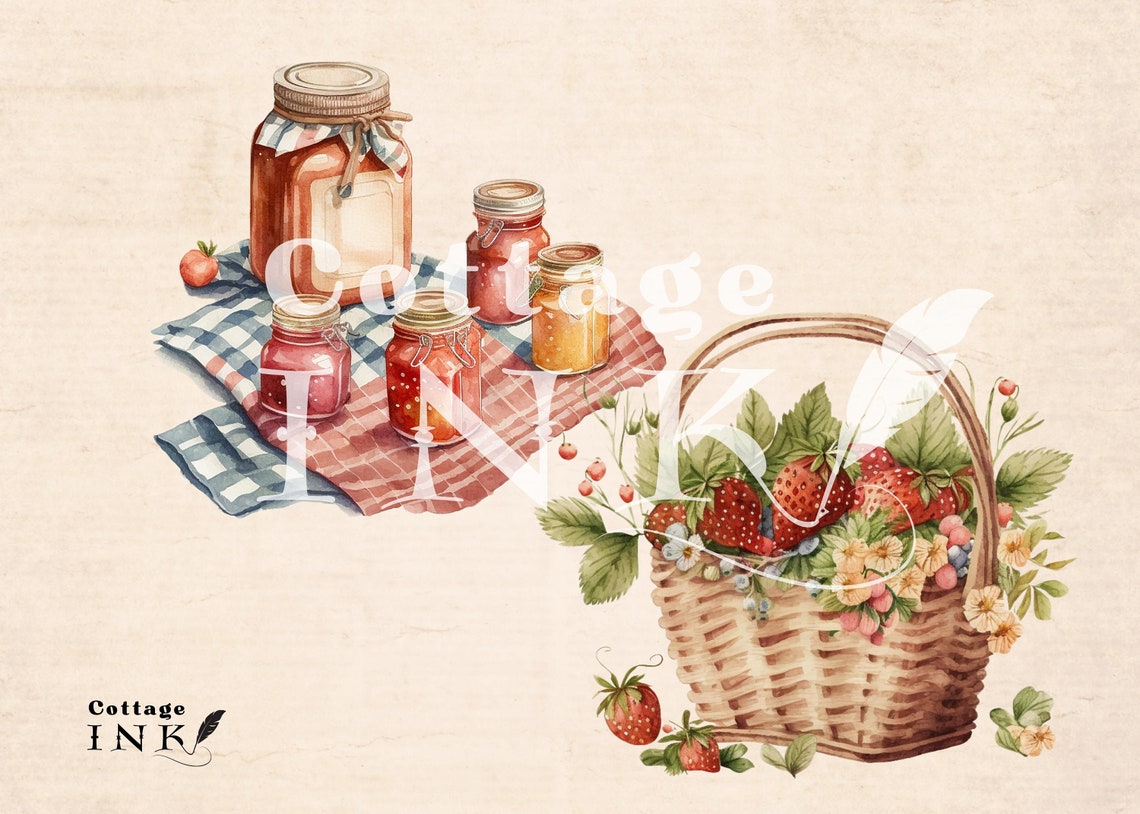 Cottagecore Picnic Clipart Bundle Watercolor Picnic Basket - Etsy