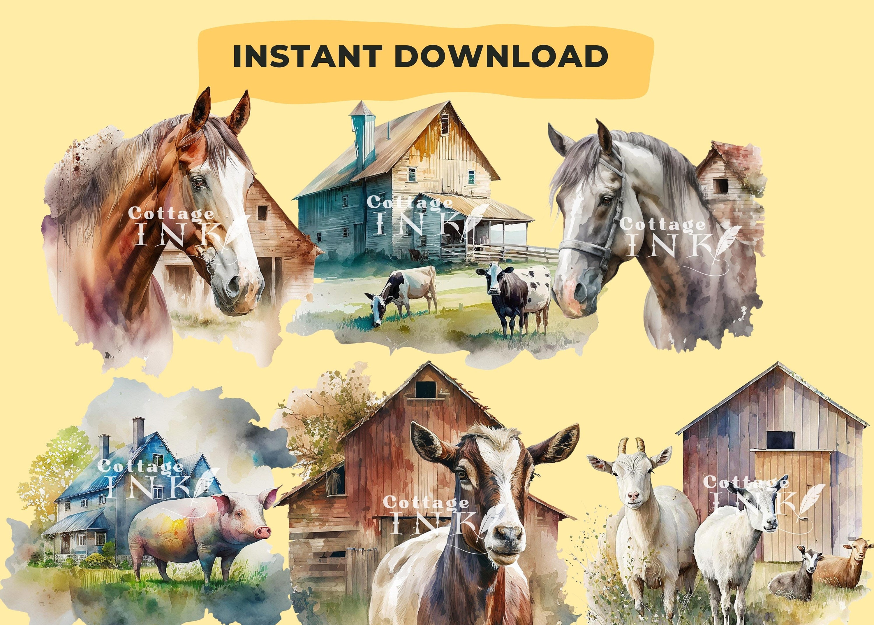 Watercolor Farm Animals Clipart, Farmhouse Clipart, Barn PNG, Farmyard ...
