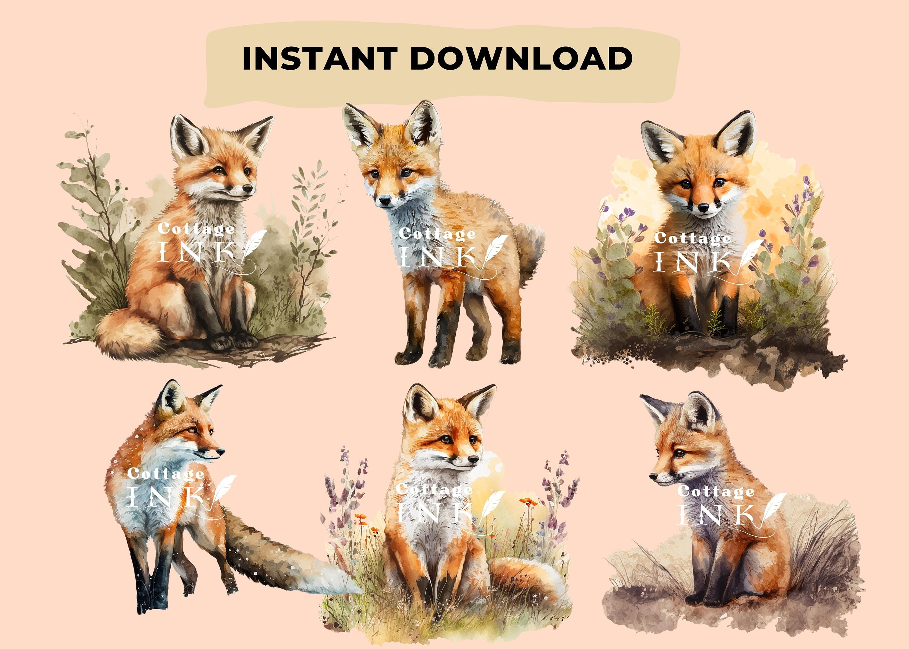 Watercolour Fox Clipart Bundle, Sleeping Fox, Fox in Meadow, Forest ...