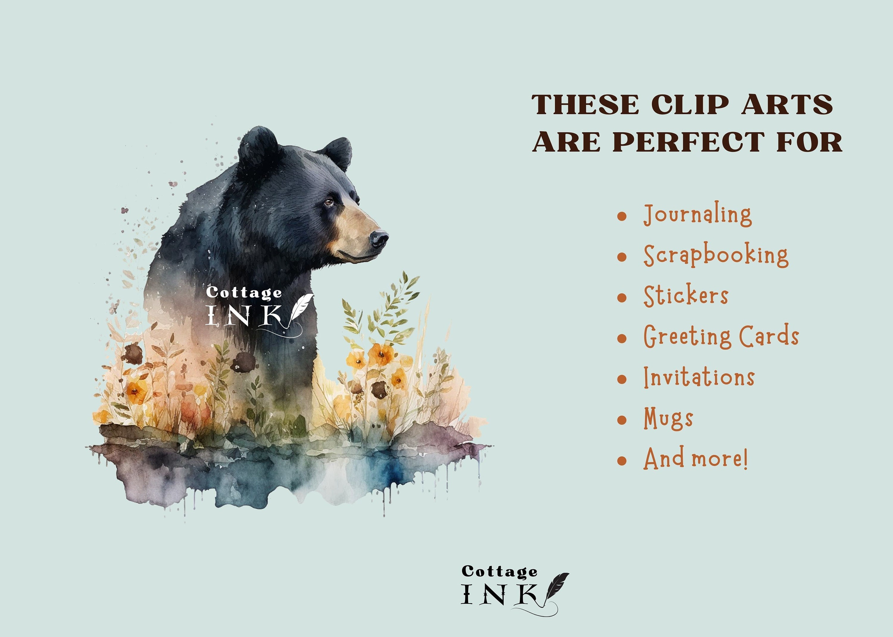 Watercolor Black Bear Clipart, Forest Animal PNG, Printable Cute Baby ...