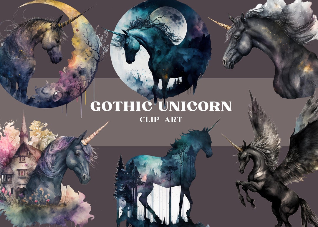 Watercolour Mystical Unicorn Clipart Bundle, Gothic Black Unicorns PNG, Dark Academia Clipart ...