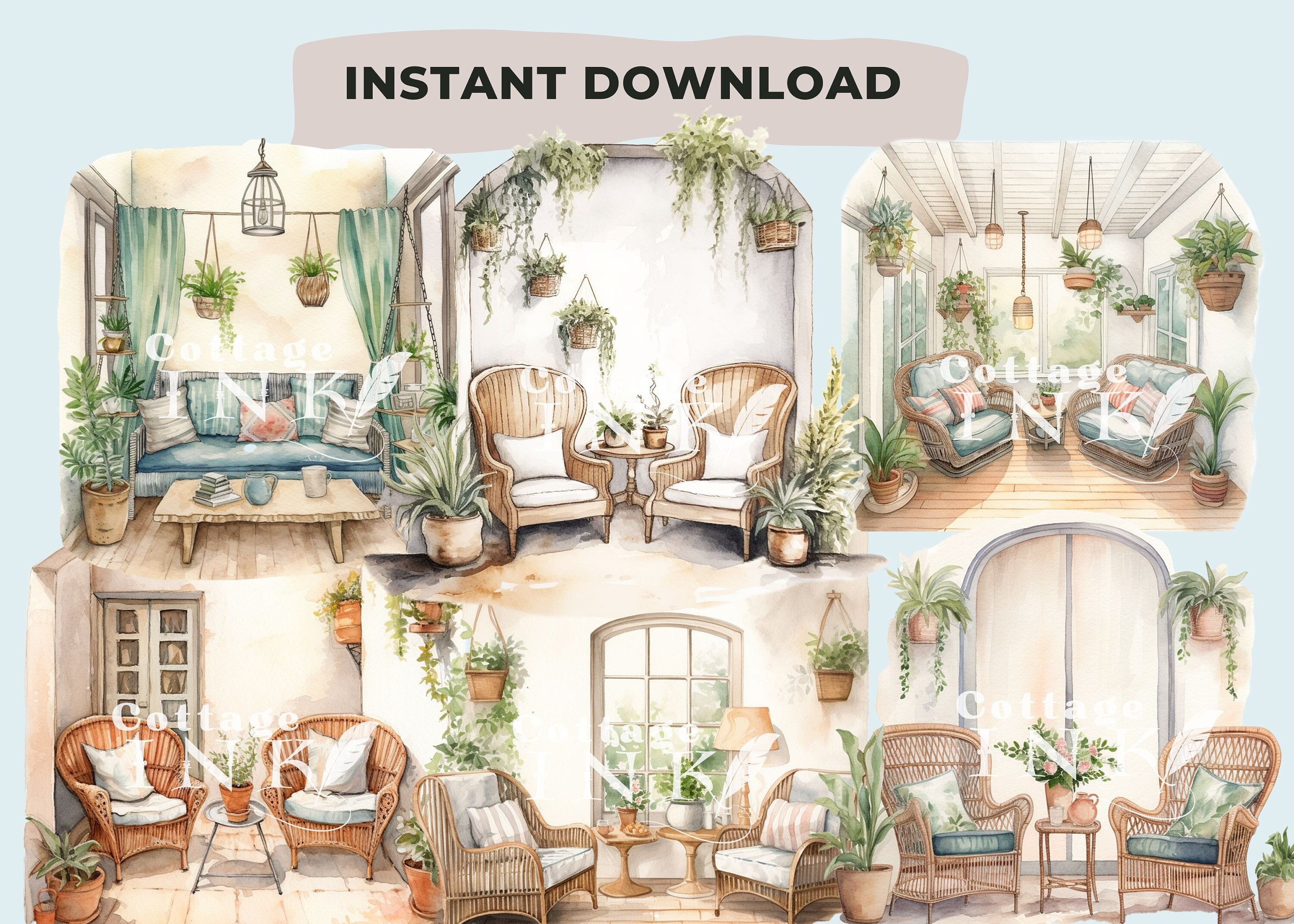 Watercolor Boho Seating Area Clipart, Cozy Reading Nook PNG, Tea ...