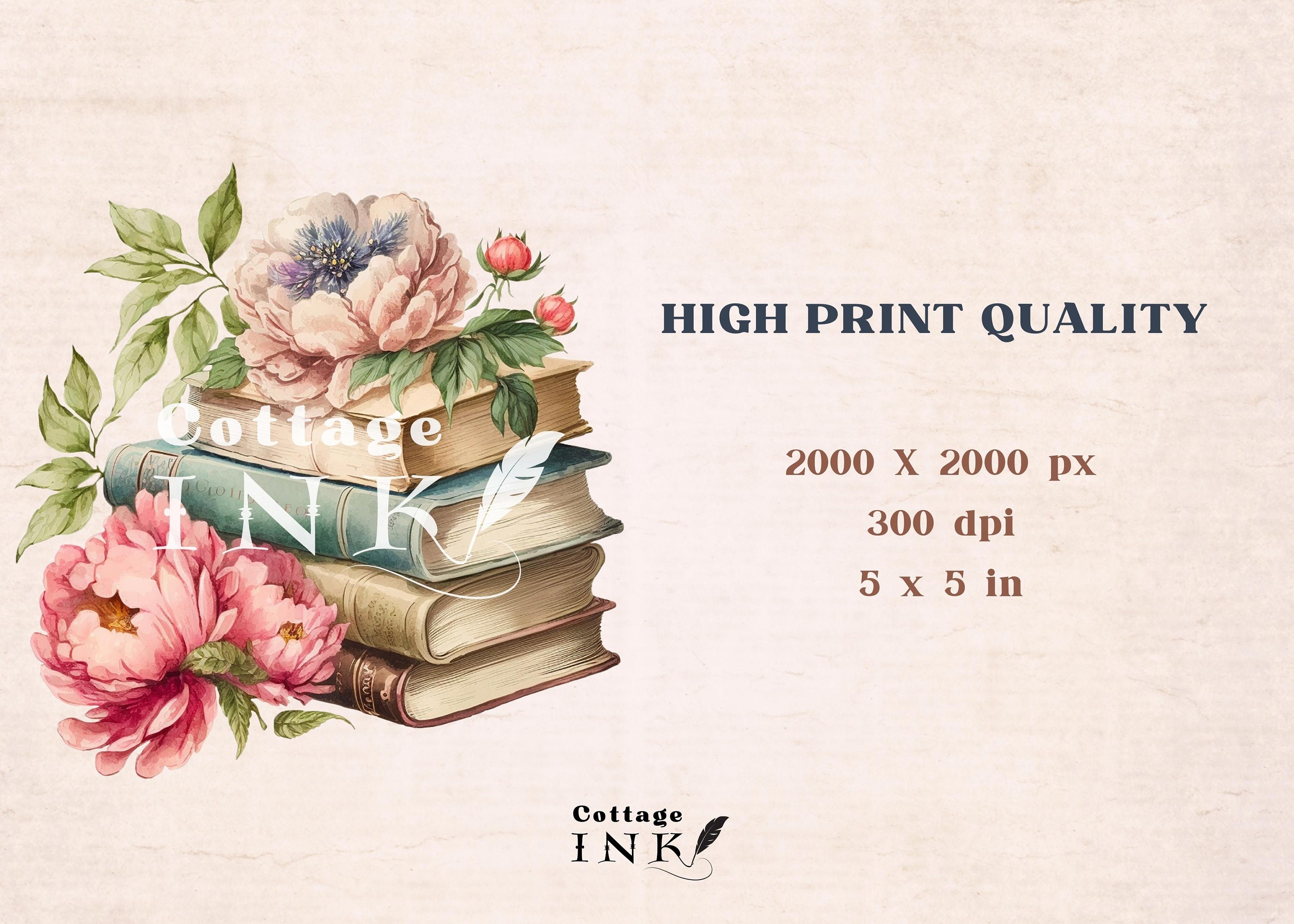 Watercolor Floral Books Clipart Bundle, Vintage Stack of Book PNG, Old ...