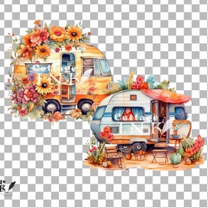 Watercolor Boho Caravan Clipart Bundle, Cute Floral Camper Vans, Cozy ...