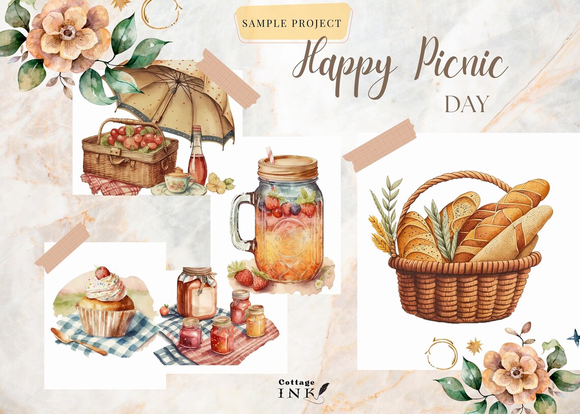 Cottagecore Picnic Clipart Bundle Watercolor Picnic Basket - Etsy