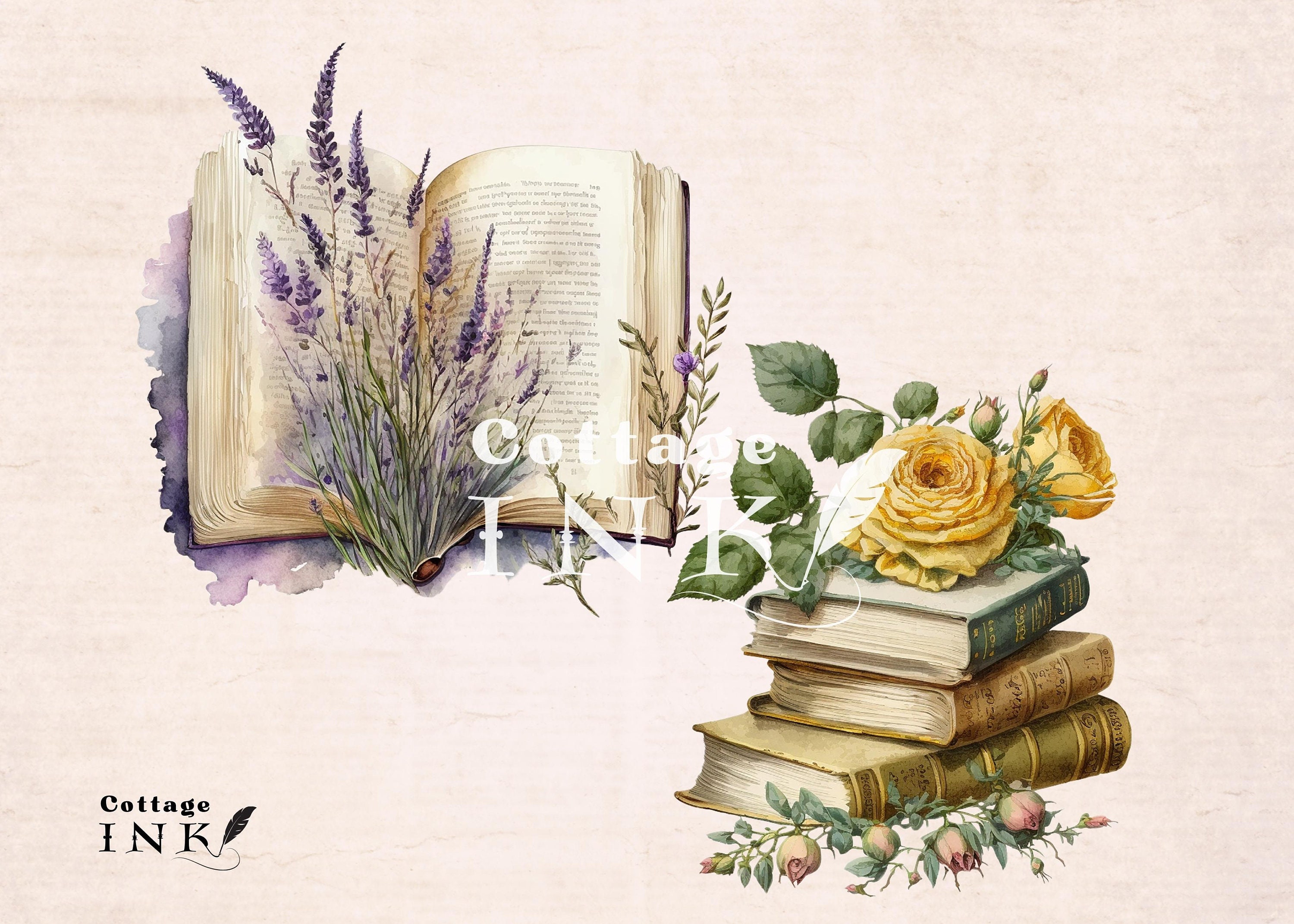 Watercolor Floral Books Clipart Bundle, Vintage Stack of Book PNG, Old ...