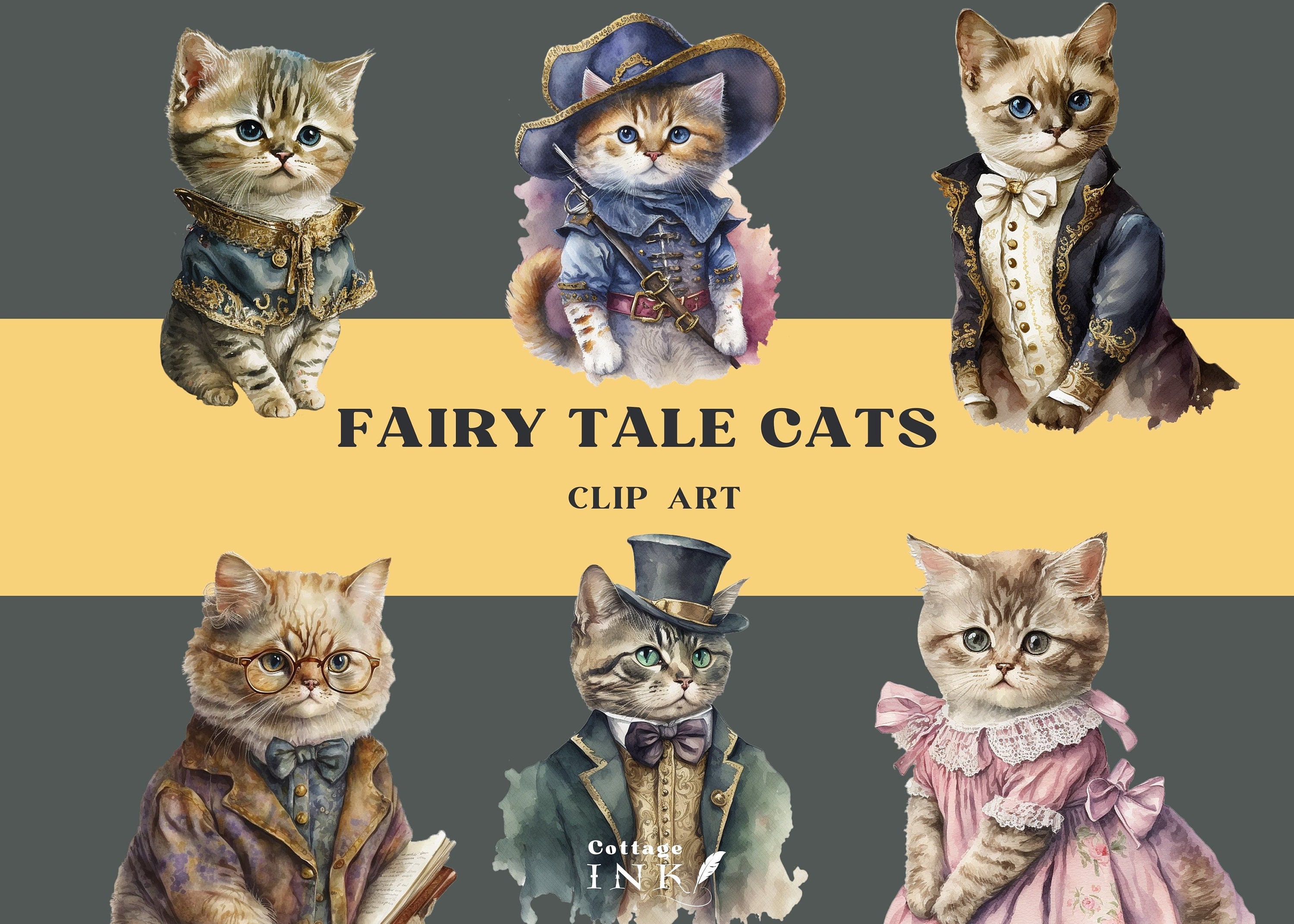 Fairy Tale Cat Clipart Bundle Watercolor Vintage Kitten - Etsy