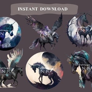 Watercolour Mystical Unicorn Clipart Bundle, Gothic Black Unicorns PNG ...