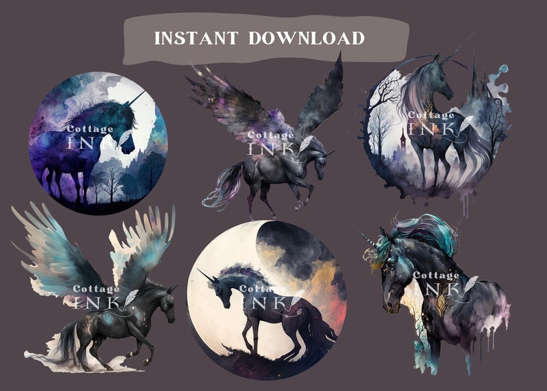 Watercolour Mystical Unicorn Clipart Bundle, Gothic Black Unicorns PNG ...