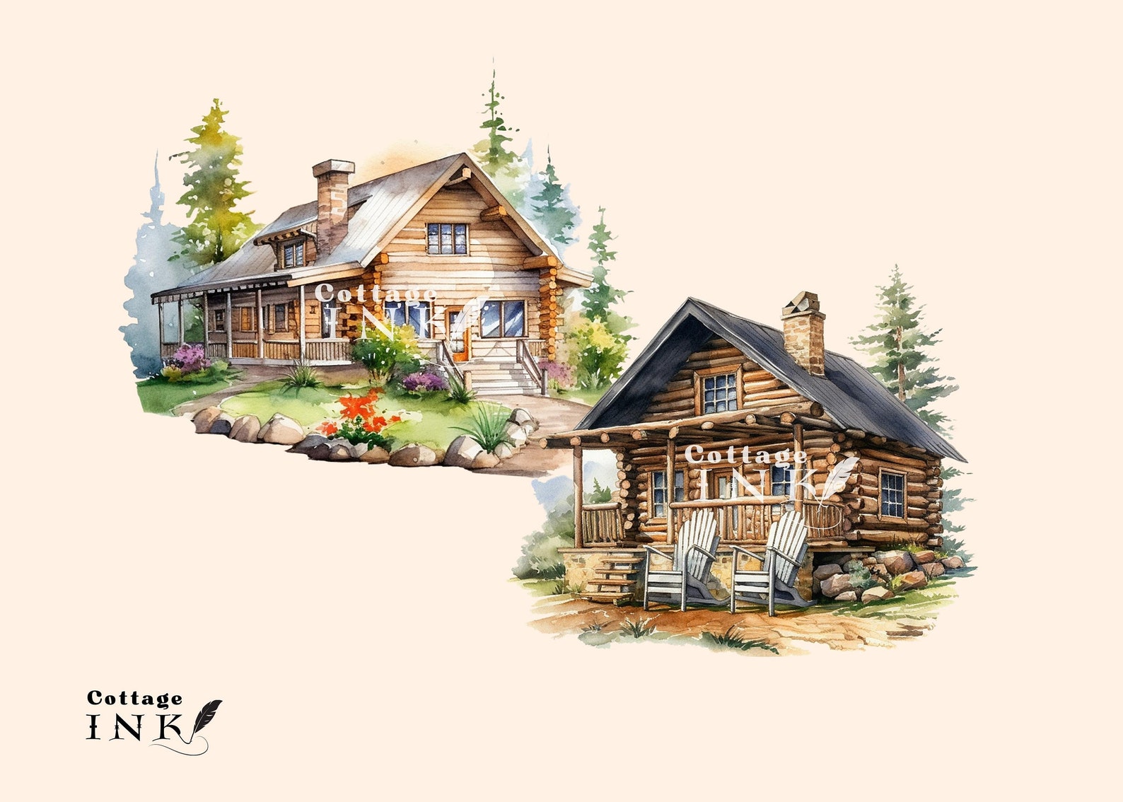 Watercolour Log Cabin Clipart Bundle, Cabins in the Woods Clipart ...