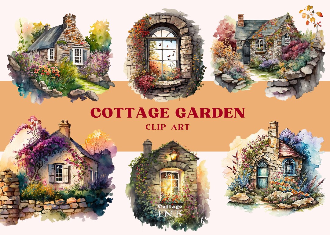 Cottage Garden Clipart Bundle, Floral Cottage Stone Wall Cliparts ...