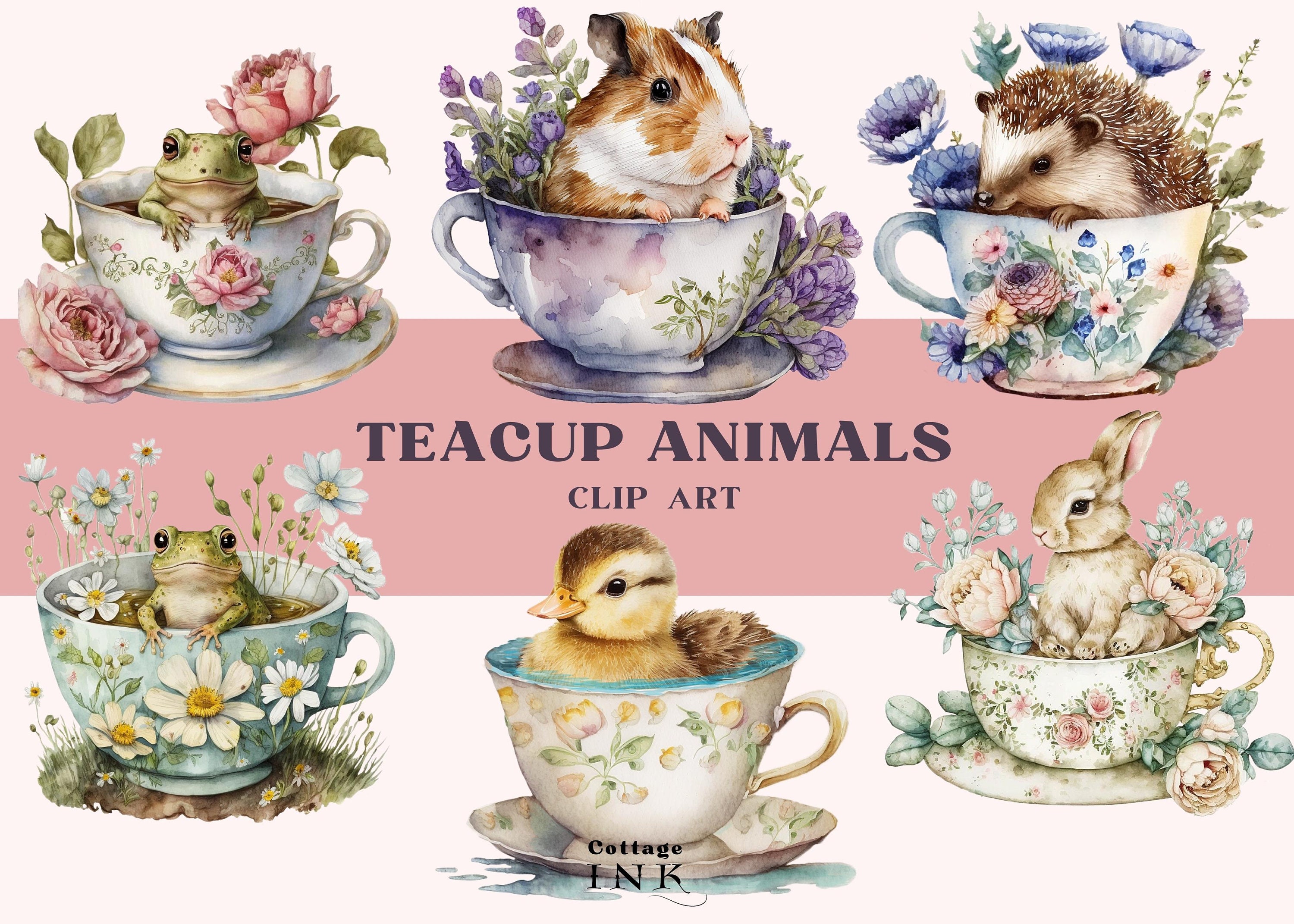 Watercolor Teacup Animals Clipart Bundle, Cottagecore Vintage Animals ...