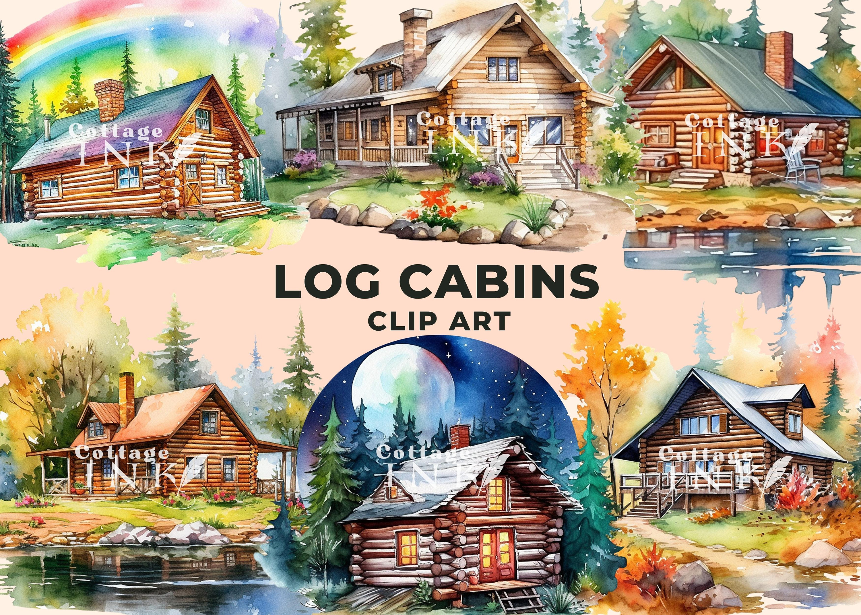 Watercolour Log Cabin Clipart Bundle, Cabins in the Woods Clipart, Landscape PNG, Forest House ...