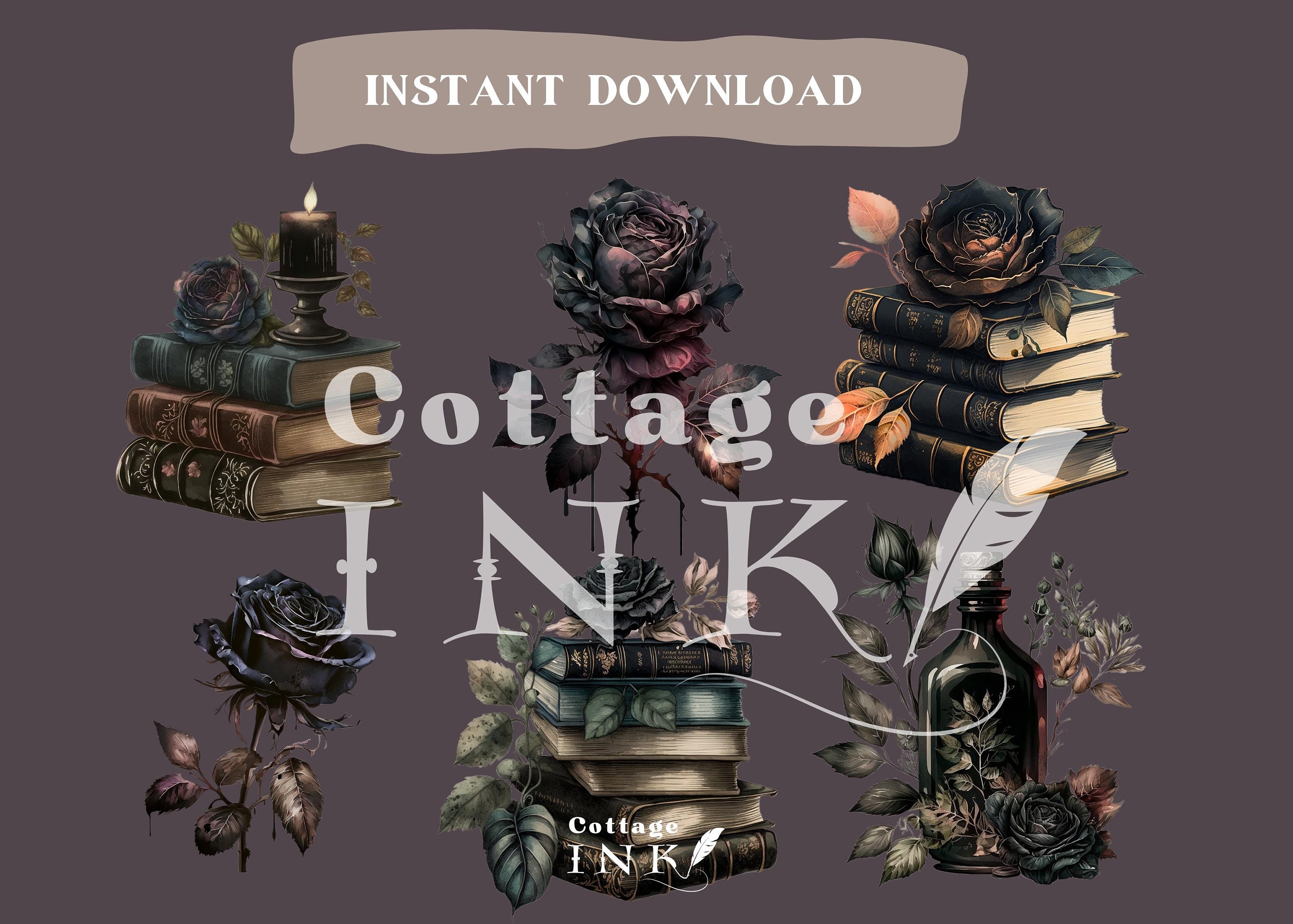 Black Roses Clipart Bundle, Watercolor Dark Academia Clip Arts PNG ...