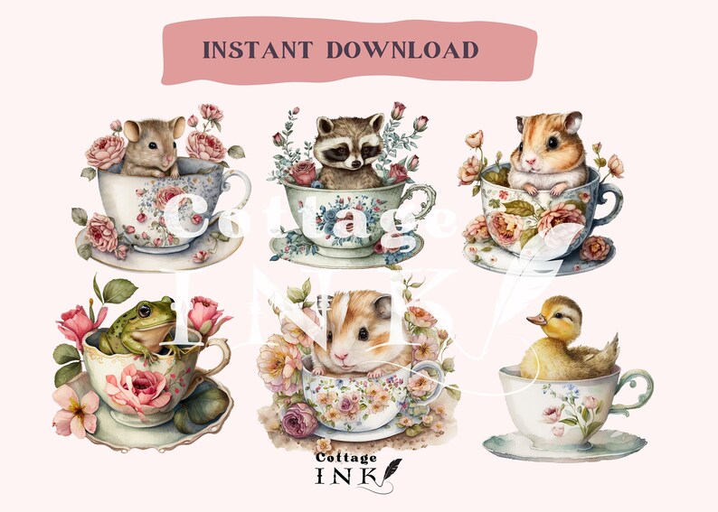 Watercolor Teacup Animals Clipart Bundle, Cottagecore Vintage Animals ...
