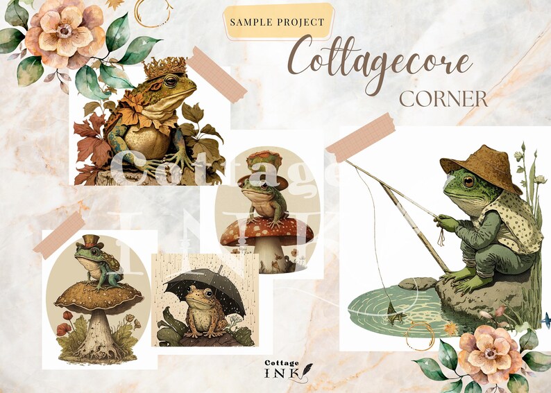 Cottagecore Frog Clipart Bundle, Vintage Toad on Mushroom Cliparts ...