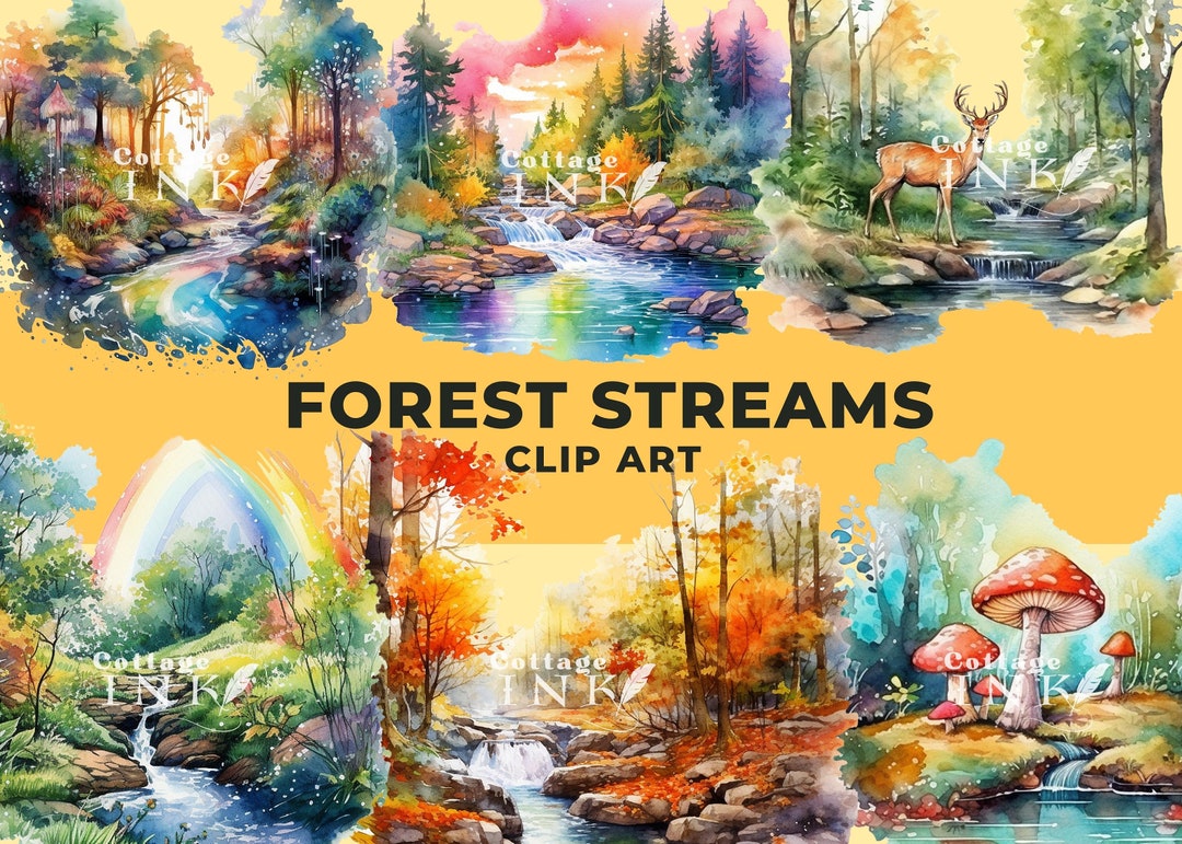 Watercolour Forest River Clipart Bundle, Mountain Stream Clipart ...