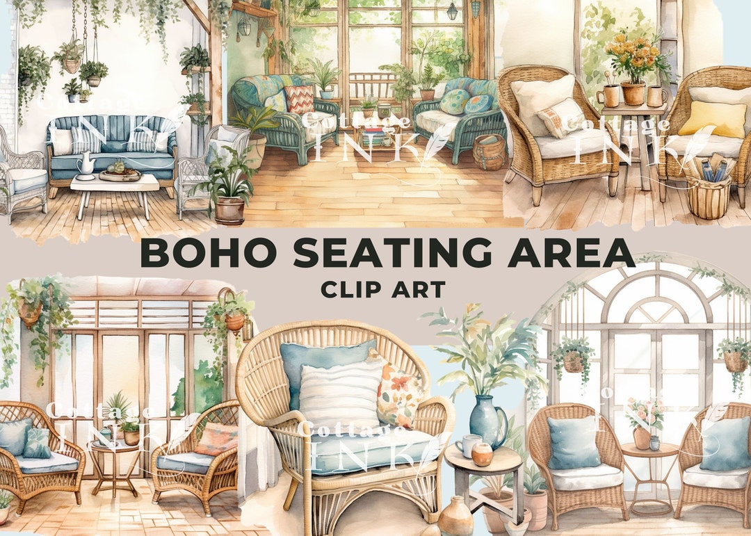 Watercolor Boho Seating Area Clipart, Cozy Reading Nook PNG, Tea ...
