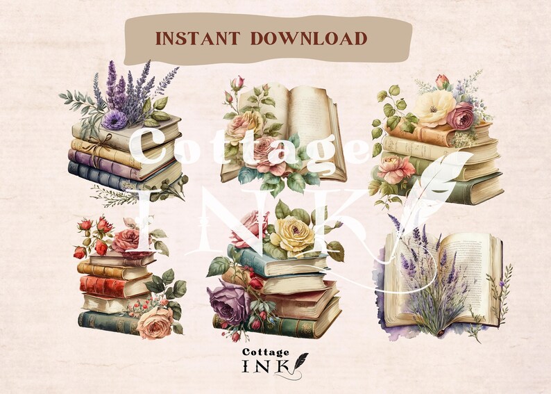 Watercolor Floral Books Clipart Bundle, Vintage Stack of Book PNG, Old ...