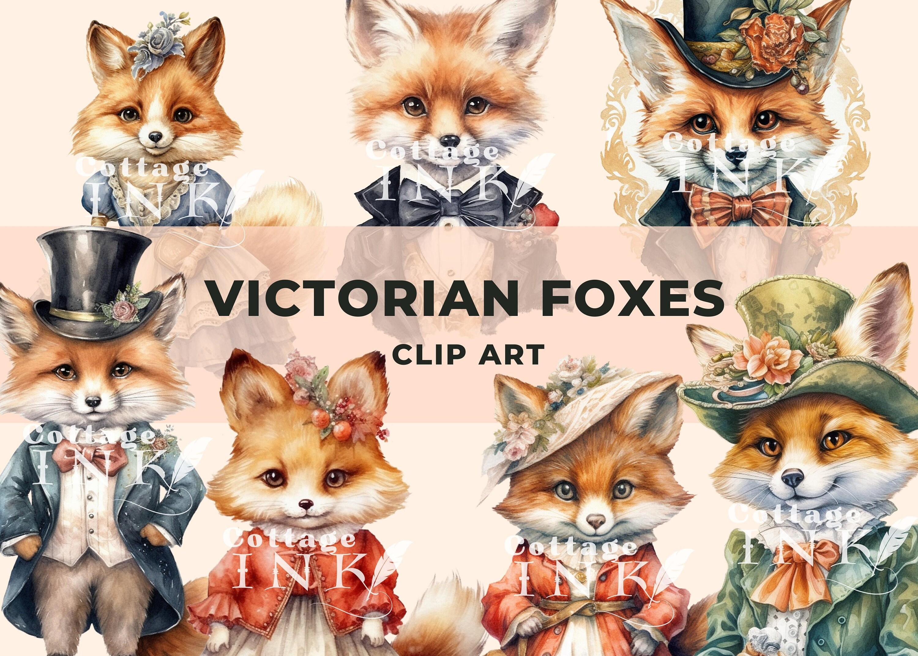 Victorian Fox Clipart Bundle, Watercolor Vintage Fox Clipart, Cute ...
