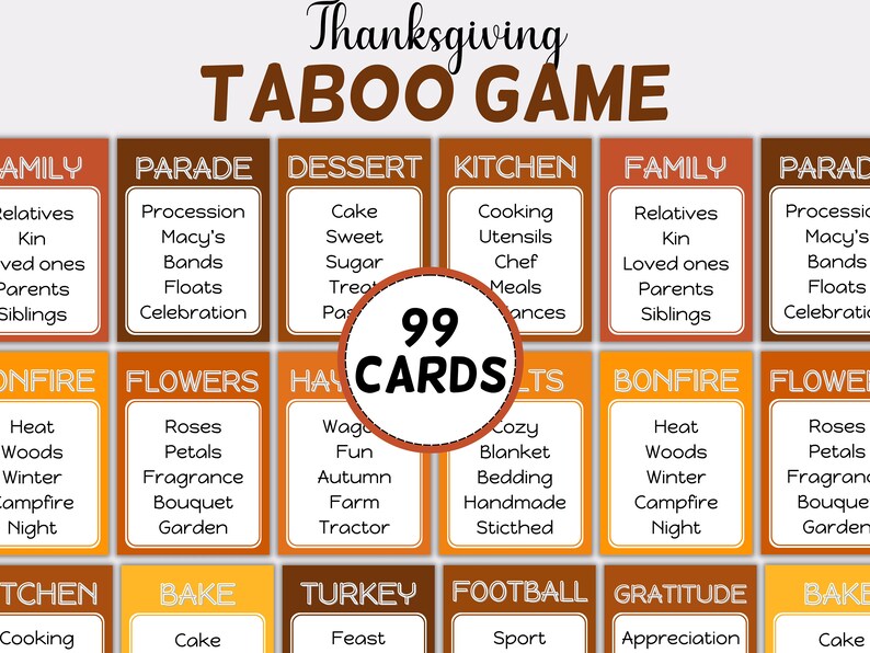 Thanksgiving Taboo Game, Fall Autumn Words Card Game, Family Reunion ...
