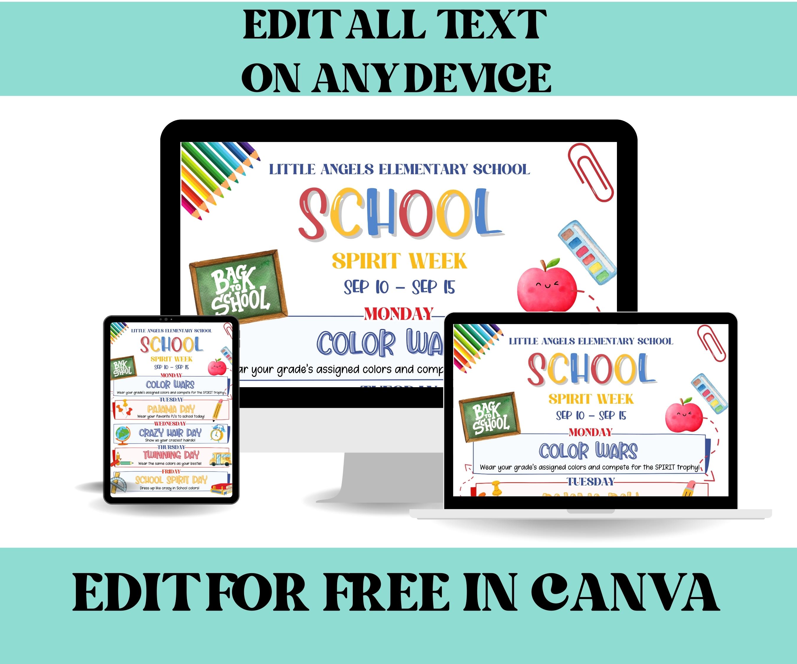 Customizable Back to School Spirit Week Flyer, PTO Schedule, Weekly ...