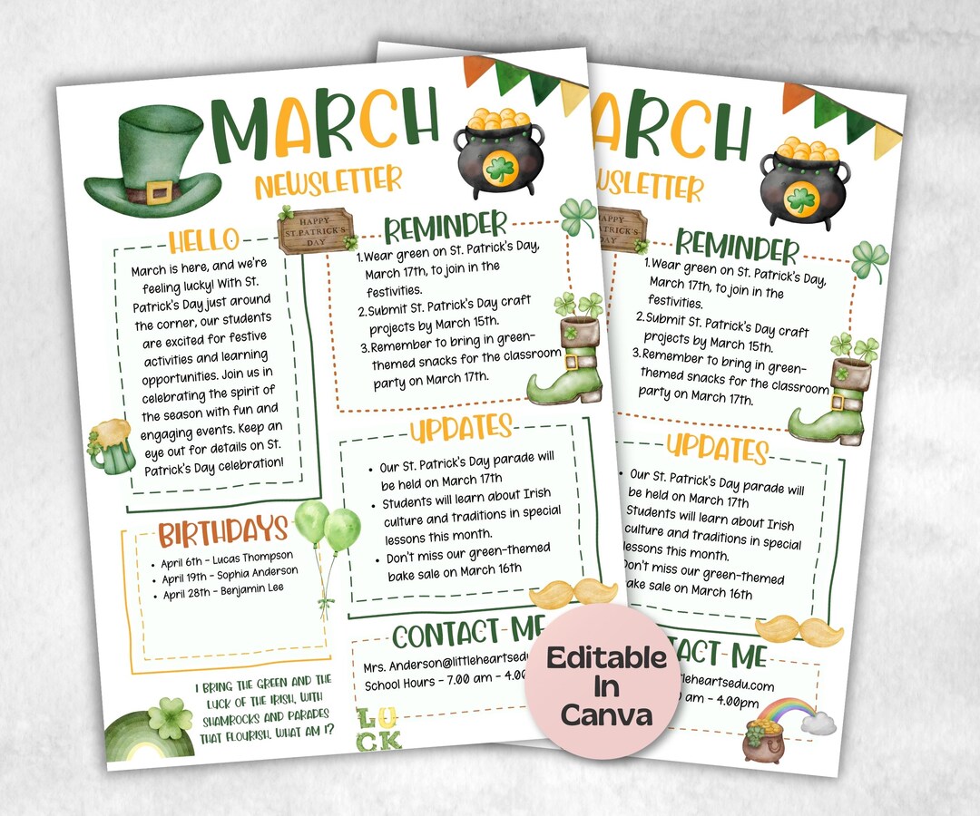 March St. Patricks Day Classroom Newsletter, Daycare Newsletter ...