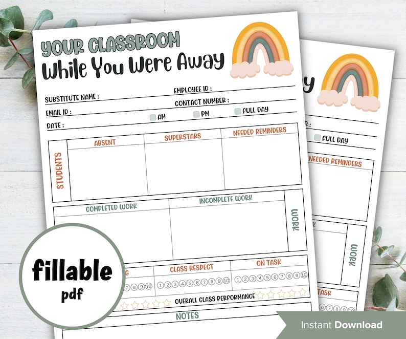 Fillable Substitute Teacher Notes I While You Were Away I - Etsy