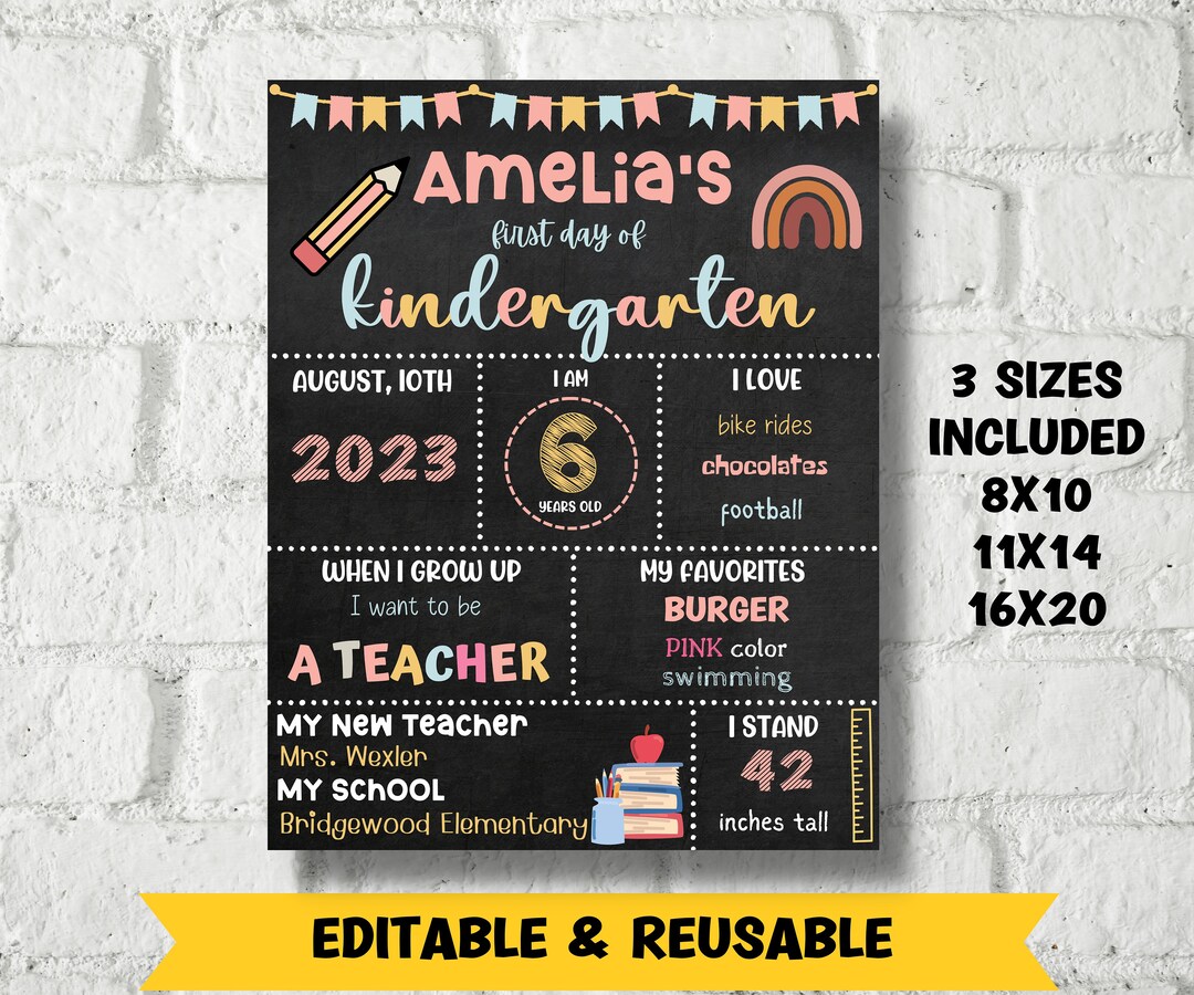 Chalkboard Back to School Sign, First Day of School Rainbow School Sign ...