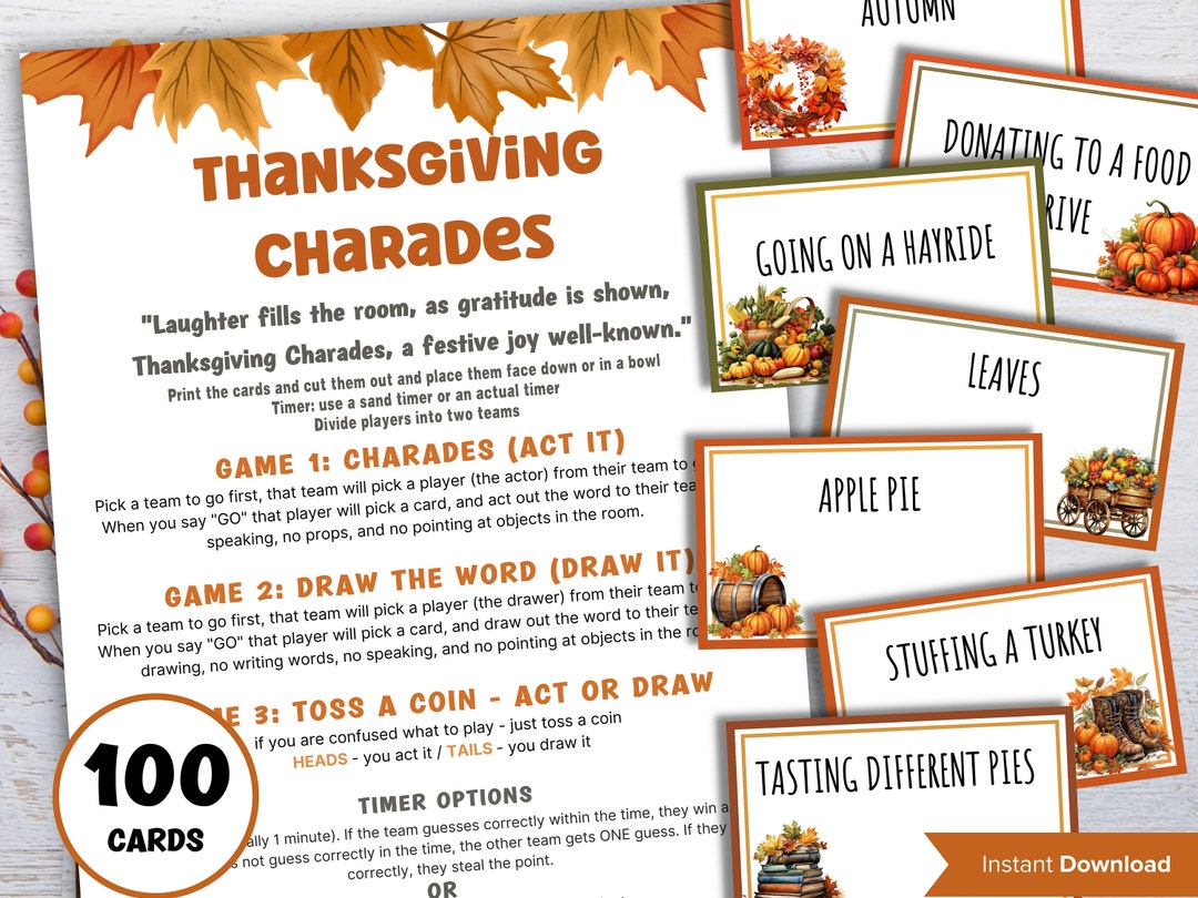 Thanksgiving Charades I Charades Pictionary I Fall Game Cards I Family ...