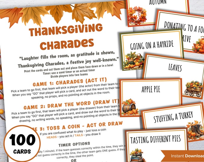 Thanksgiving Charades Pictionary, Thanksgiving Game Kids & Adults ...