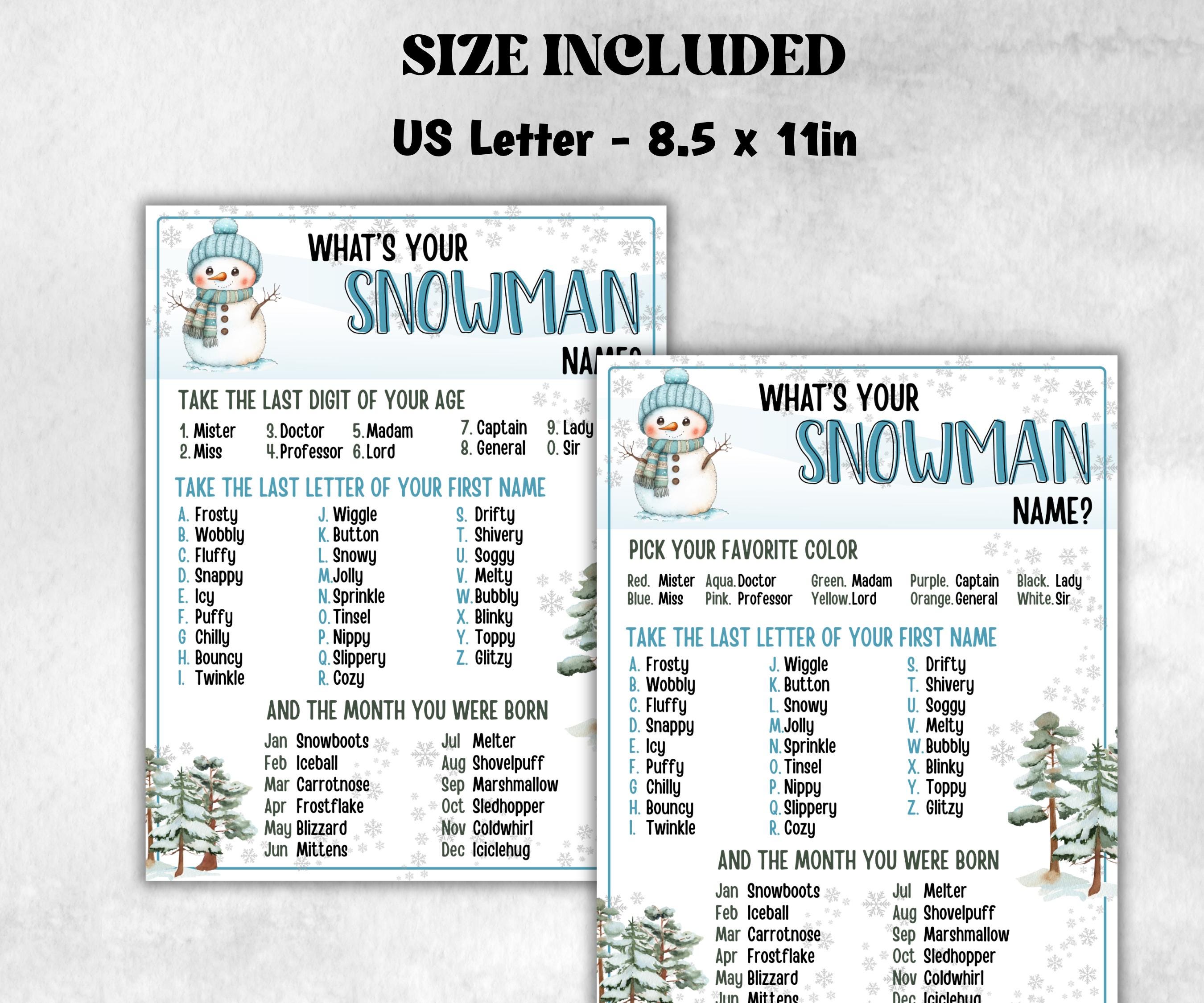 Whats Your Snowman Name Game, Office Party Game, Snowman Name Tags ...