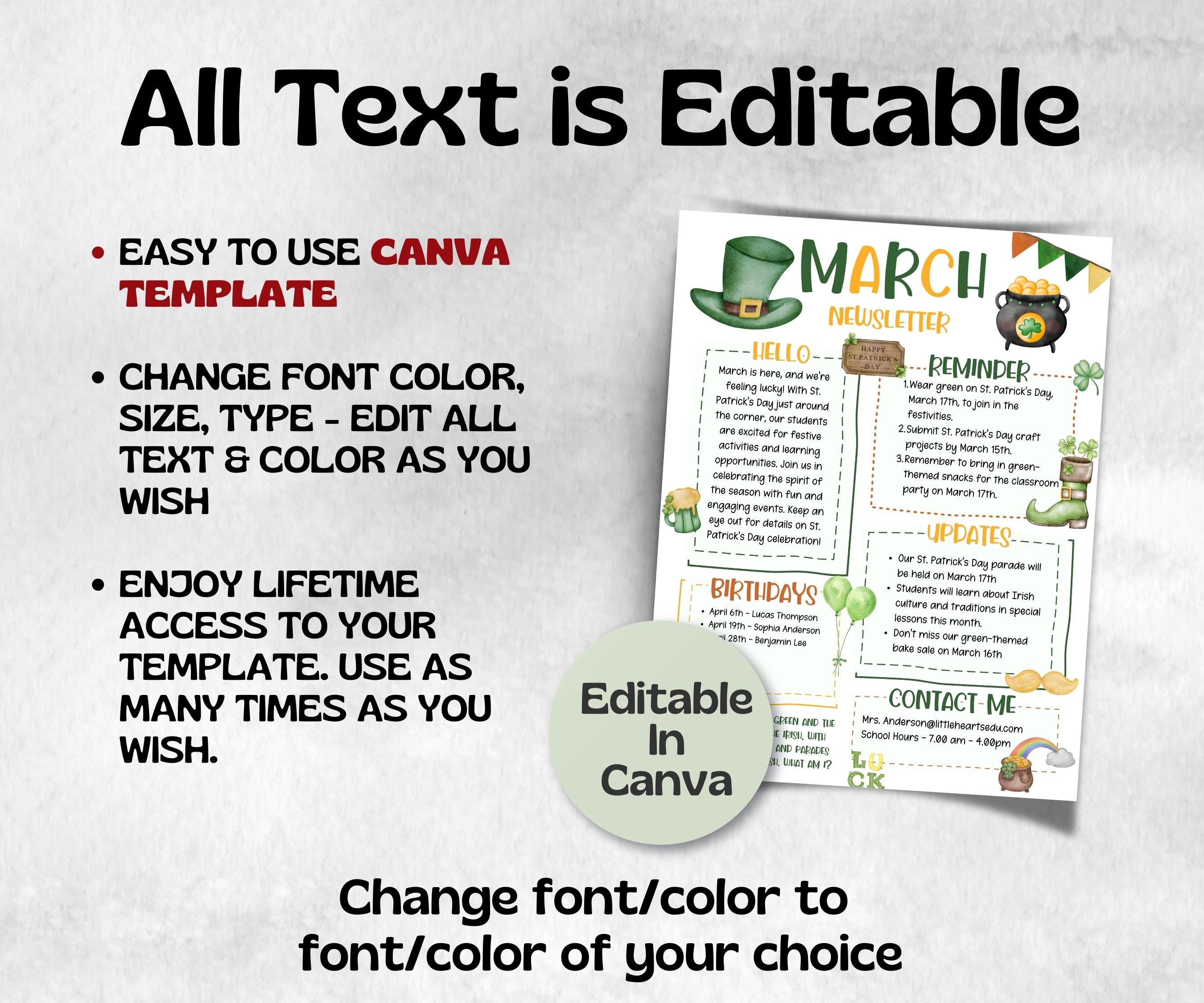 March St. Patricks Day Classroom Newsletter, Daycare Newsletter ...