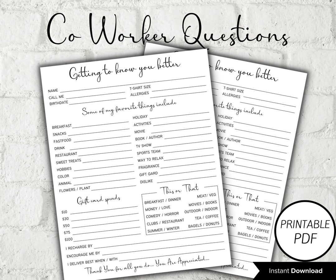Coworker Questions Printable Employee Questions I All About - Etsy